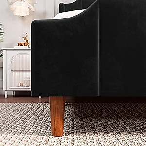 Allewie Queen Size Velvet Bed Frame Upholstered Platform Bed with Vertical Headboard and Footboard, Solid Wood Leg and Strong Slats Support, No Box Spring Needed, Easy Assembly, Black