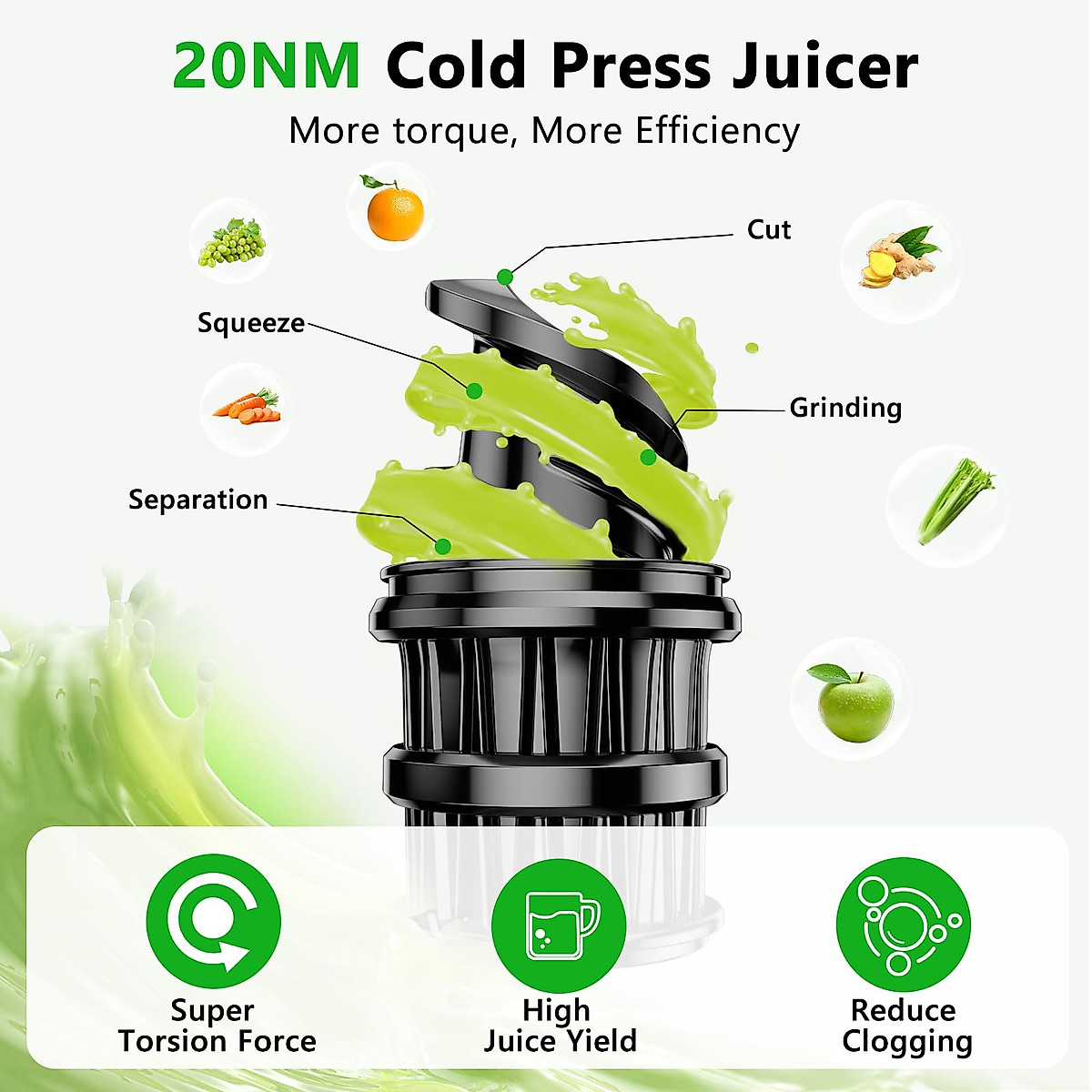 Catlyn Cold Press Juicer Machines, 5.3-inch Extra Large Feed Chute Easy to Clean Fruit Vegetable Jugos Professional Slow Masticating Juicer Machine Bpa Free