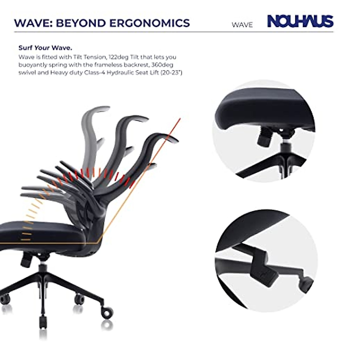 Nouhaus Wave Ergonomic Office Chair. Rolling Mesh Office Chair with Lumbar Support and Adjustable Arms. Comfortable Computer Chair, Home Office Desk Chairs, Task Chair or Gamer Chair (Black)