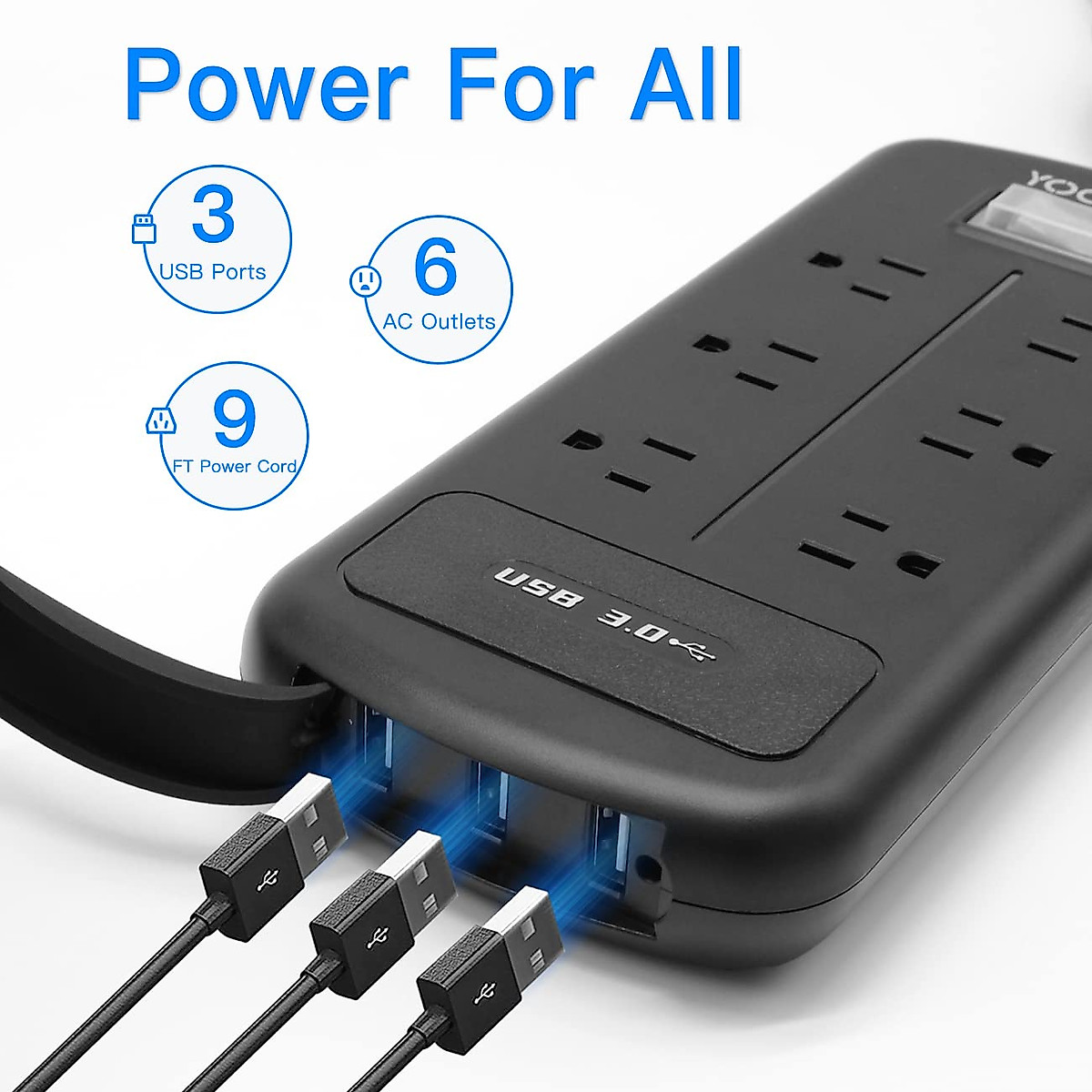 Outdoor Power Strip Weatherproof, Waterproof Surge Protector with 6 Outlets 3 USB Ports 9.6FT Long Extension Cord Overload Protection, Wall Mountable Outlets Strip for Deck Yard Garden Lights, Black