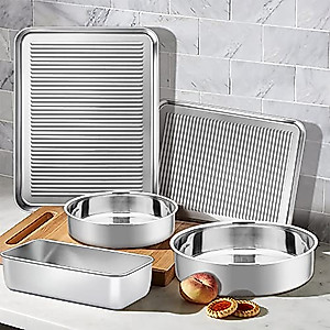 Homikit Bakeware Set of 5, Stainless Steel Baking Pan Sets Nonstick, Heavy Duty Metal Baking Sheets Tray and Round Cake Bread Meatloaf Pans Great for Oven Cooking Roasting, Rust Free & Dishwasher Safe