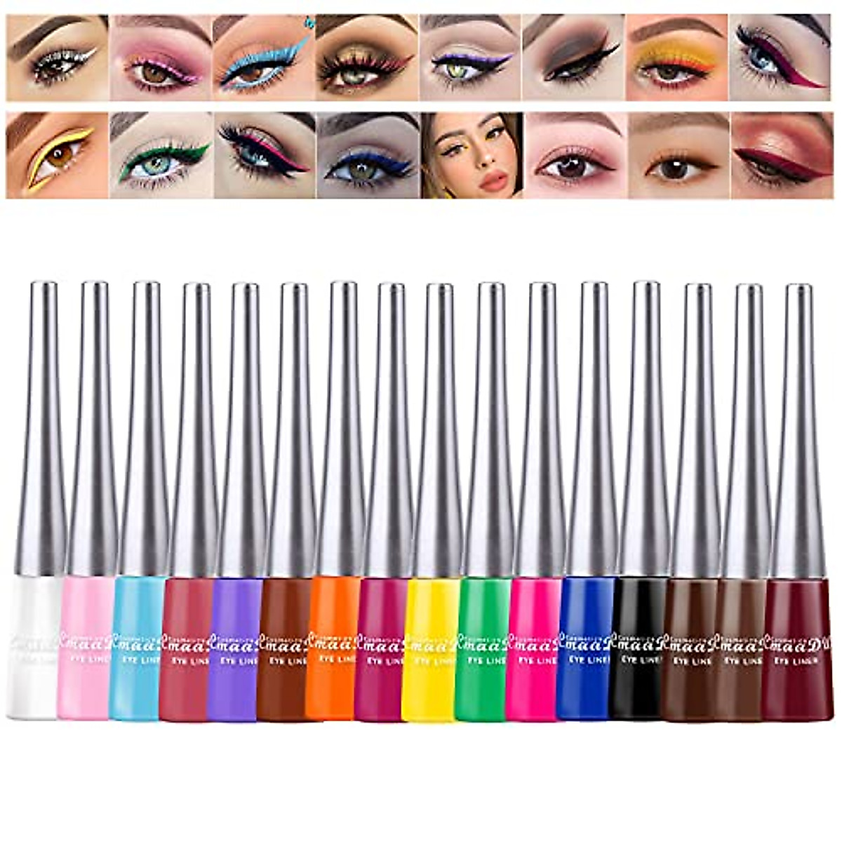 Topcent Matte Liquid Eyeliner Set, 16 Colors Neon White Black Red Brown Green Eye Liners For Women Waterproof High Pigmented Long Lasting Rainbow Eyeliner Pencil Quick Dry Eyes Makeup Kit (16PCS)