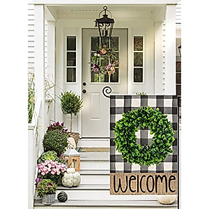 Welcome Spring Garden Flag for Outside,Buffalo Plaid Boxwood Wreath Small Yard Flag, Summer Seasonal Decors for Outdoor Farmhouse Holiday 12x18 Double Sided