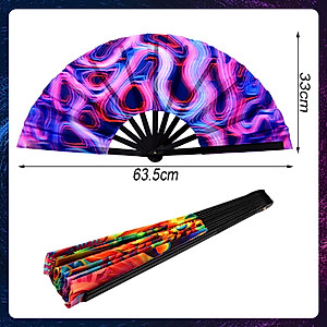 BBTO 4 Pcs UV Glow Large Folding Hand Rave Fan for Men Women Chinese Japanese Bamboo Folding Clack Hand Fan for EDM Music Festival Club Party Dance Performance Gift, 4 Styles, 25"(Fresh)