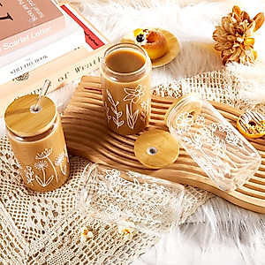 Mumufy 4 Pack Gift for Women Cute Glass Cups,aesthetic Iced Coffee Cup 16 oz Glass with Bamboo Lid and Straw Flower Coffee Mugs Birthday Gift for Friend Sister Her Bridesmaid Stuff Christmas(Clear)