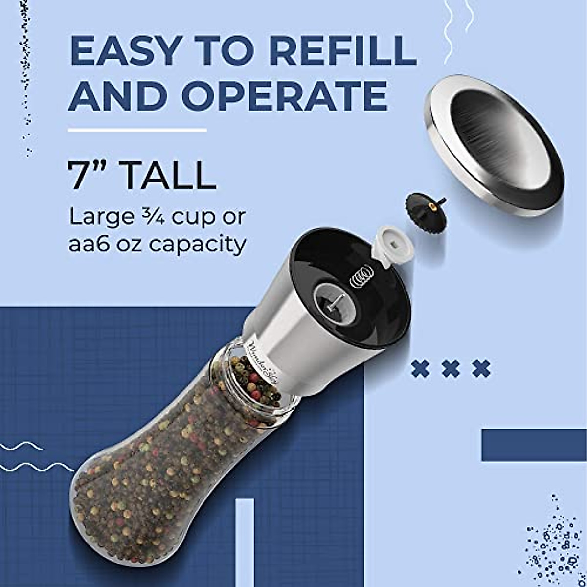 Salt and Pepper Grinder Set - 2 Pack - Pepper Mill, Salt Grinder, Refillable, Pepper Mill Grinder, Tall Glass Salt Pepper Grinder, Salt Pepper Grinder Set, Salt Pepper Set, Black Pepper Grinder
