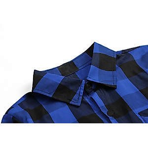 Cromoncent Mens Plaid Shirt Short Sleeve Summer Button Down Shirts Buffalo Plaid Blue, Large