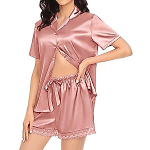 SWOMOG Ladies Pajamas Sets Satin Pajamas Womens Short Sleeve Sleepwear Soft Silky 2 Piece Loungewear Pjs for Bridal