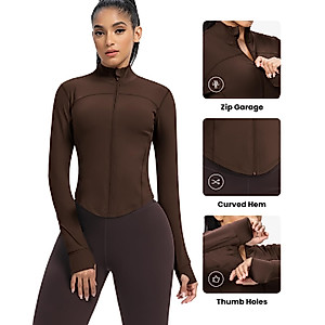 AVGO Women&#039;s Cropped Running Workout Jackets Zip Slim Fit Athletic Tops with Thumb Holes(Roasted Brown, M)
