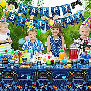 172 Pieces Video Game Party Decoration Set Game Happy Birthday Banner Gamer Party Supplies Plastic Tablecloth Paper Plates Tableware for Boy Girl Player Birthday Party Pack, Serving 24 Guests (Blue)