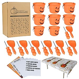 Halloween PumpKin Carving Party Kit – 8 Pcs Knives, Scoops, DIY Stencil Sheets, Gut Buckets & Table Cover – Heavy Duty Pumpkin Carving Kit for Halloween Door Decorations – Designed for 8 people