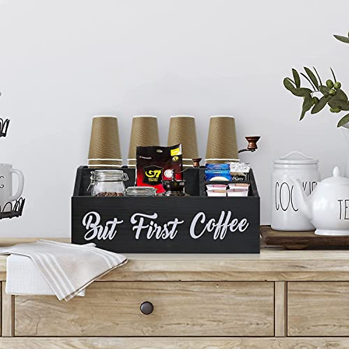 Wooden Coffee Station Organizer, Coffee Bar Accessories Organizer for Counter, Coffee Bar Bin Box, Coffee Pods Holder Storage Basket, Farmhouse Kitchen Coffee Bar Decor, Coffee Lovers Gift…