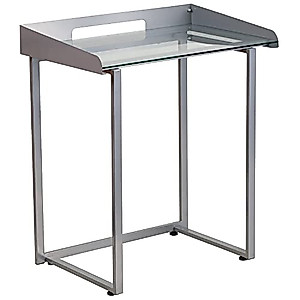 Flash Furniture Jayden Contemporary Clear Tempered Glass Desk with Raised Cable Management Border and Silver Metal Frame