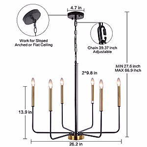 ZCHAOZ Modern Farmhouse Chandelier for Dining Room, 6 Lights Chandelier Light Fixture Adjustable Height, Black and Gold Hanging Candle Pendant Lighting for Kitchen Island Living Room Bedroom Foyer
