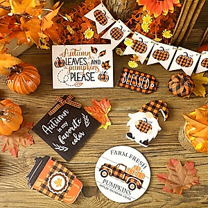 Maitys 13 Pcs Fall Tiered Tray Decor Set Thanksgiving Pumpkin Gnome Rustic Farmhouse Decor Fall Decor Autumn Harvest Decorative Trays Wooden Tabletop Signs for Home Kitchen(Orange Plaid Style)