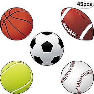 Sports Cutouts Sports Party Decorations Versatile Classroom Decoration Sports Balls Paper Cut-Outs with Glue Point Dots for Sports Themed Party School Birthday Party Decor, 5.9 x 5.9 Inch (45 Pcs)