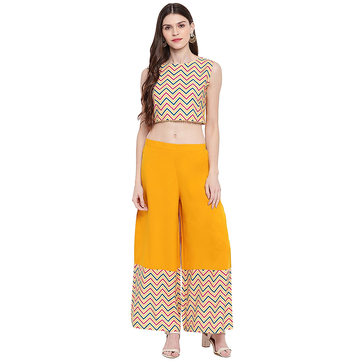Janasya Indian Women's Yellow Poly Crepe Crop Top with Palazzo and Jacket