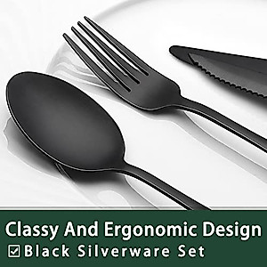 48-Piece Black Silverware Set with Steak Knives, Black Flatware Set for 8, Food-Grade Stainless Steel Tableware Cutlery Set, Utensil Sets Kitchen Cutlery for Home Office Restaurant Hotel