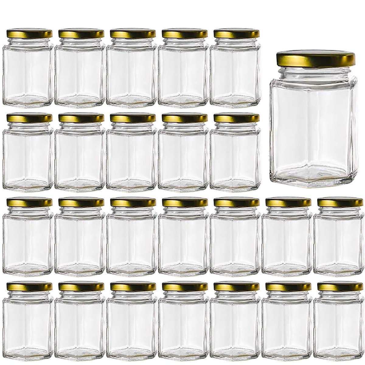 Woaiwo-q Glass Jars With Lids, 4 OZ Mason Jars Spice Jars Honey Jars Hexagon Jars for Sealing, Canning Jars for Food Storage, Overnight Oats, Dry Food, Snacks, Candies, DIY Projects(Gold,25Pack)