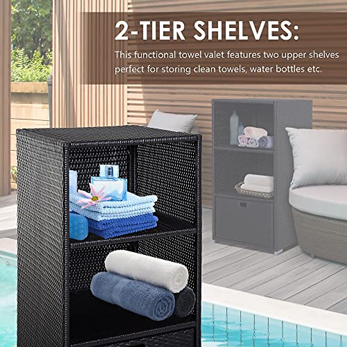 Outsunny Valet Pool Towel Rack, Waterproof PE Plastic Rattan Wicker Storage Organizer, Indoor Outdoor Spa, and Hot Tub Accessory Storage, 2 Shelves, 1 Basket Drawer, Espresso