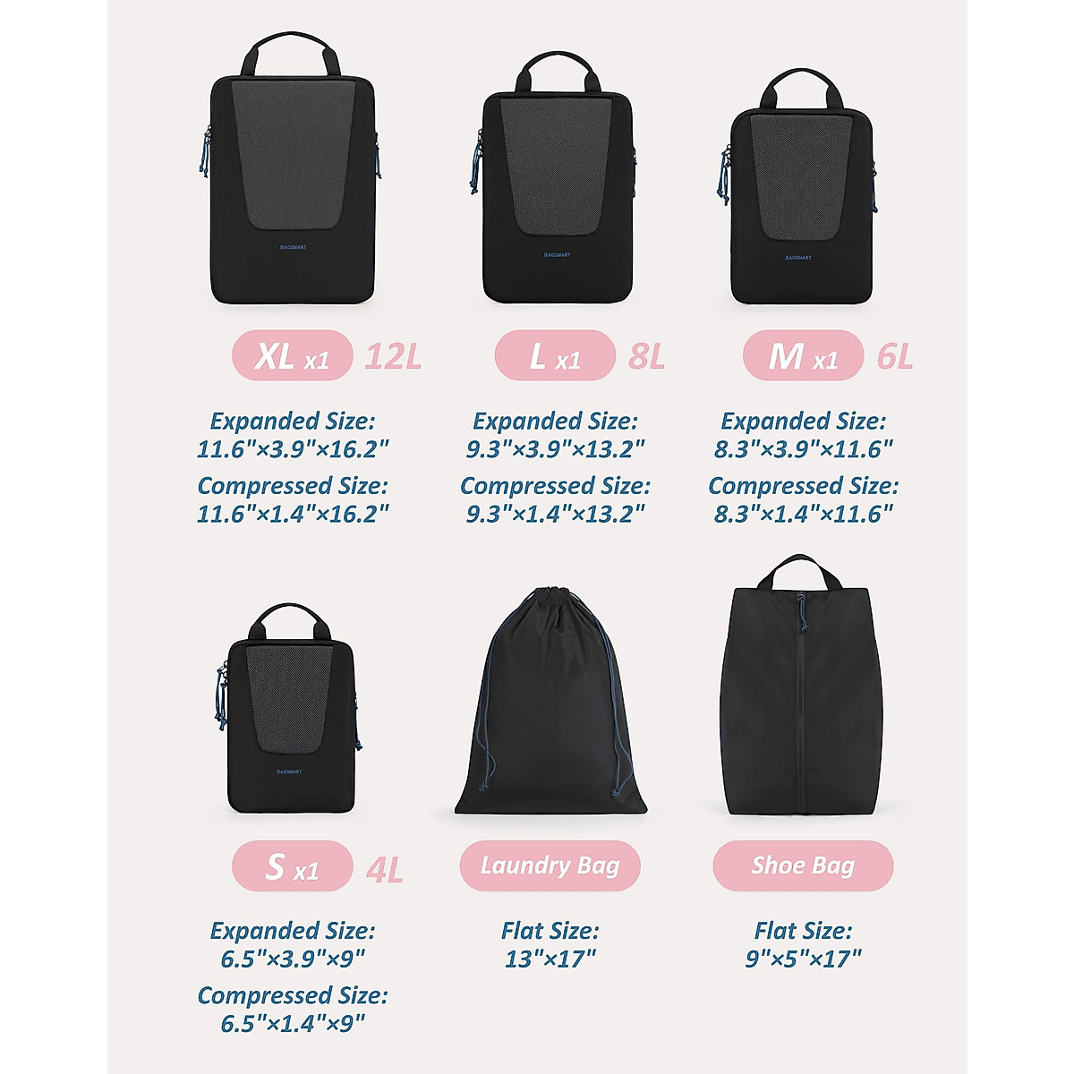 BAGSMART Compression Packing Cubes for Travel, 6 Set Travel Packing Cubes for Suitcases, Compression Suitcase Organizer Bags Set for Travel Essentials, Lightweight Packing Organizers