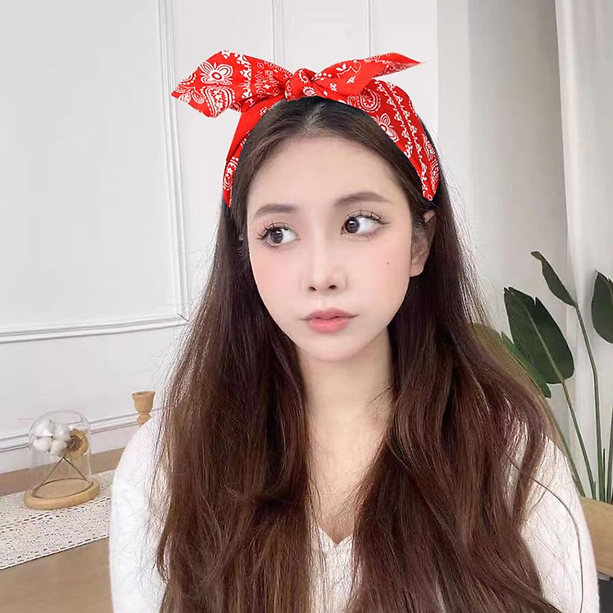 Red Boho Paisley Bandana Hair Bands with Knotted Bow and Rabbit Ear Headbands for Women and Girls - Non-Slip Headbands