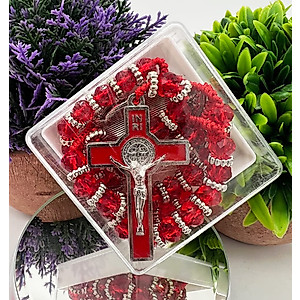 Bead Rosary Necklace with Crucifix and Our Lady of Guadalupe Medal Red Beads Catholic Prayer Rosaries Necklaces Jewelry for Boys Men Gifts Box (Silver)