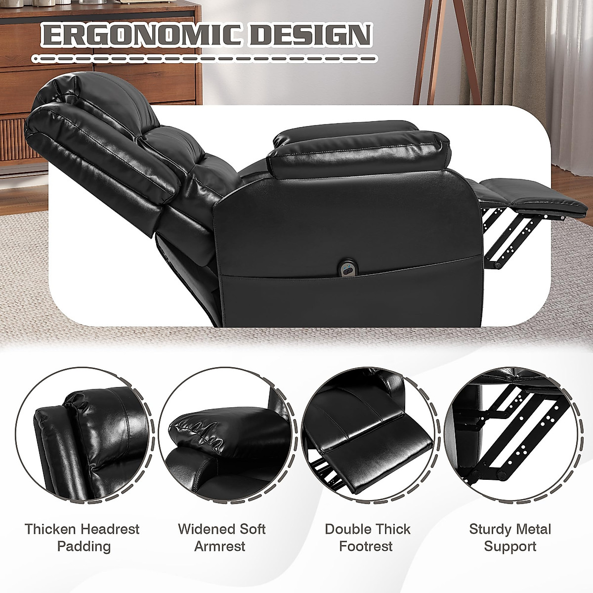 Furmax Power Lift Recliner Chair for Elderly, PU Leather Modern Single Reclining Sofa, Ergonomic Lounge Padded Armchair Home Theater Seat with Lumbar Support for Living Room (Black)