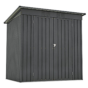 6x4 FT Outdoor Storage Shed, Galvanized Metal Garden Storage Shed, Waterproof Garden Tool Shed Storage, Slooping Roof, Lockable Double Doors & Vents, for Garden Backyard Patio, Dark Grey(Floor Frame)