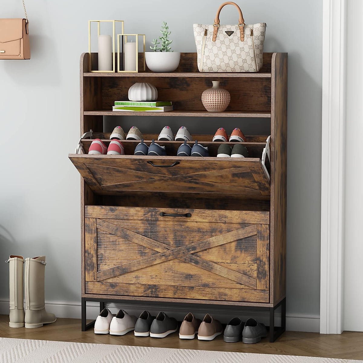 Gyfimioe Rattan Shoe Cabinet with 2 Flip Drawers, Slim Shoe Storage Cabinet for Entryway Freestanding Shoe Organizer Narrow Farmhouse Shoe Rack (Rustic Brown)