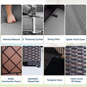 Kullavik Outdoor Patio Furniture Set 6 Pieces Sectional Rattan Sofa Set Brown PE Rattan Wicker Patio Conversation Set with 5 Grey Seat Cushions and 1 Tempered Glass Table