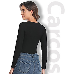 CARCOS Women's Casual Tops Sexy V Neck Long Sleeve Pullover Underwear Tee Slim Fit Basic Shirts Black XL