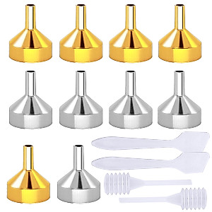 CKANDAY 10 Pack Small Metal Funnels with 2 Pcs Mini Pipette and Spoon for Filling Small Mini Bottles or Containers, Atomizers Perfume Liquid Essential Oils Spice Powder Lab Lotion- Gold/Silver
