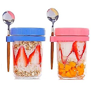 CAKRETY 2 Pack Overnight Oats Containers with Lids and Spoons, 16 oz Glass Mason Overnight Oats Jars, Large Capacity Airtight Jars for Milk, Cereal, Fruit
