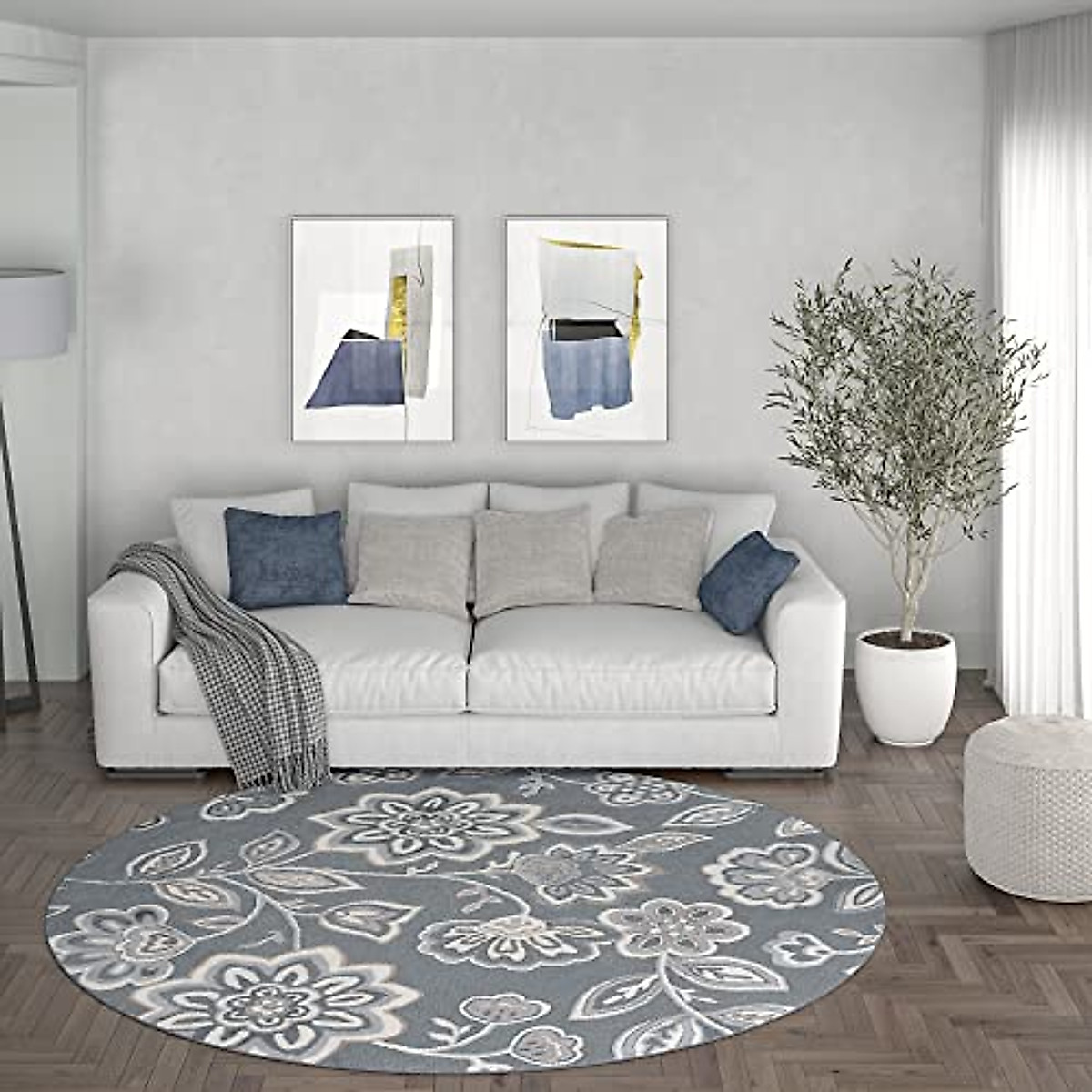 Emmalyn Transitional Floral Gray Round Area Rug, 8' Round