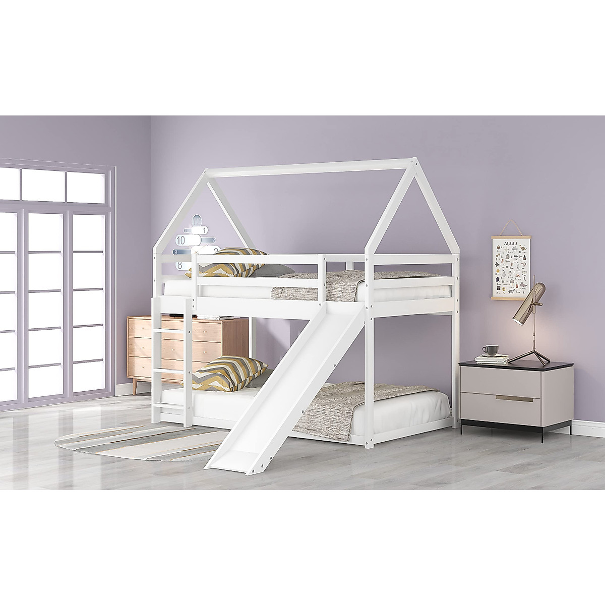DreamBuck House Bunk Bed with Slide, Solid Wood Low Bunk Bed Twin Over Twin with Roof and Safety Guardrail, Twin Floor Bunk Bed for Kids Teens Girls Boys, No Box Spring Needed, White