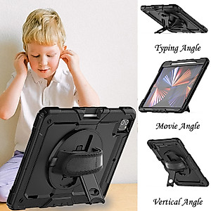 Whmeolyo iPad Pro 12.9 Case 2022 6th Gen/2021 5th Gen/2020 4th Gen/2018 3rd Gen, Shockproof Rugged 12.9 inch iPad Pro Case with Screen Protector Pencil Holder,Kickstand Hand & Shoulder Strap,Black