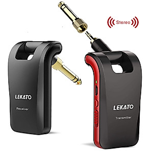 LEKATO Wireless Guitar System 2.4GHz Rechargeable Audio Wireless Transmitter Receiver 6 Channels for Guitar Bass Electric Instruments, Stereo and Mono 1/4” & 1/8” 2 in 1 Plugs,Black(WS-60)