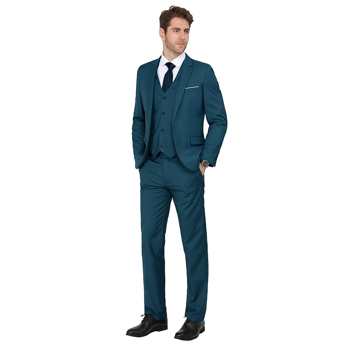 MAGE MALE Men's 3 Pieces Suit Elegant Solid One Button Slim Fit Single Breasted Party Blazer Vest Pants Set. Teal Blue