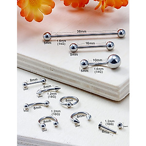 Heienngy Piercing Kit Stainless Steel Eyebrow Rings,Horseshoe Ring,Industrial Piercing Jewelry,Belly Button Ring,Lip Rings,Earrings,Nipple Rings,Tongue Rings For Women men 14G 16G Piercing Needles