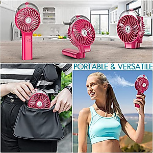 Winique Handheld Spray Fan,3000mAh Battery Powered Water Misting Desk Fan with 3 Speeds& 20ml Water Tank, 180°Foldable Personal Hand Held Fan for Home Office Outdoor Travel Camping(pink)