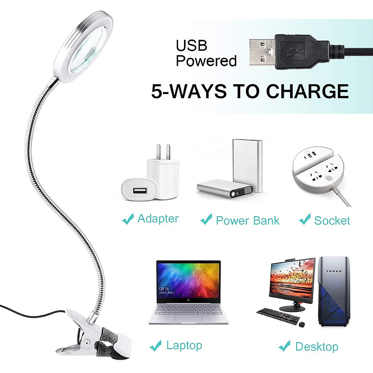 JimKing Magnifying Lamp, Tattoo Light Desk Lamp, LED Book Light with Clip, USB Bed Lamp for Reading, Tattoo, Make Up, Manicure