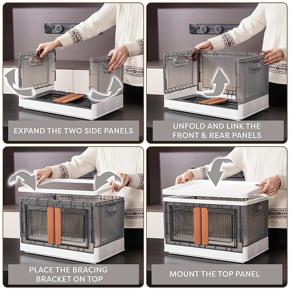 Ezee Space Stackable Storage Bins with Wheels - (3-Pack) - Stackable Storage Drawers - (8.4-Gal) - Collapsible storage bins with lids - Multifunctional Foldable storage boxes with doors