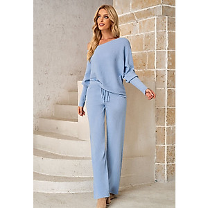 Women's Plus Size 2 Piece Solid Color Off Shoulder Ribbed Matching Sweatsuit Lounge Pajamas Set Leisure Wear Loungewear Tracksuit Blue Medium