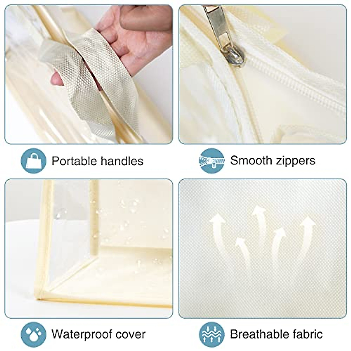 Puricon 4 Pack Handbag Dust Bags, Clear Purse Storage Organizer for Closet, Transparent Dust Cover Bag with Handles, Zippers, and Hooks -Beige