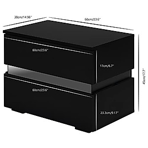 LED Nightstand Set of 2 with 2 Storage Drawers, Modern High Gloss Bedside Table with Led Lights, End Table for Bedroom Furniture(Black,2