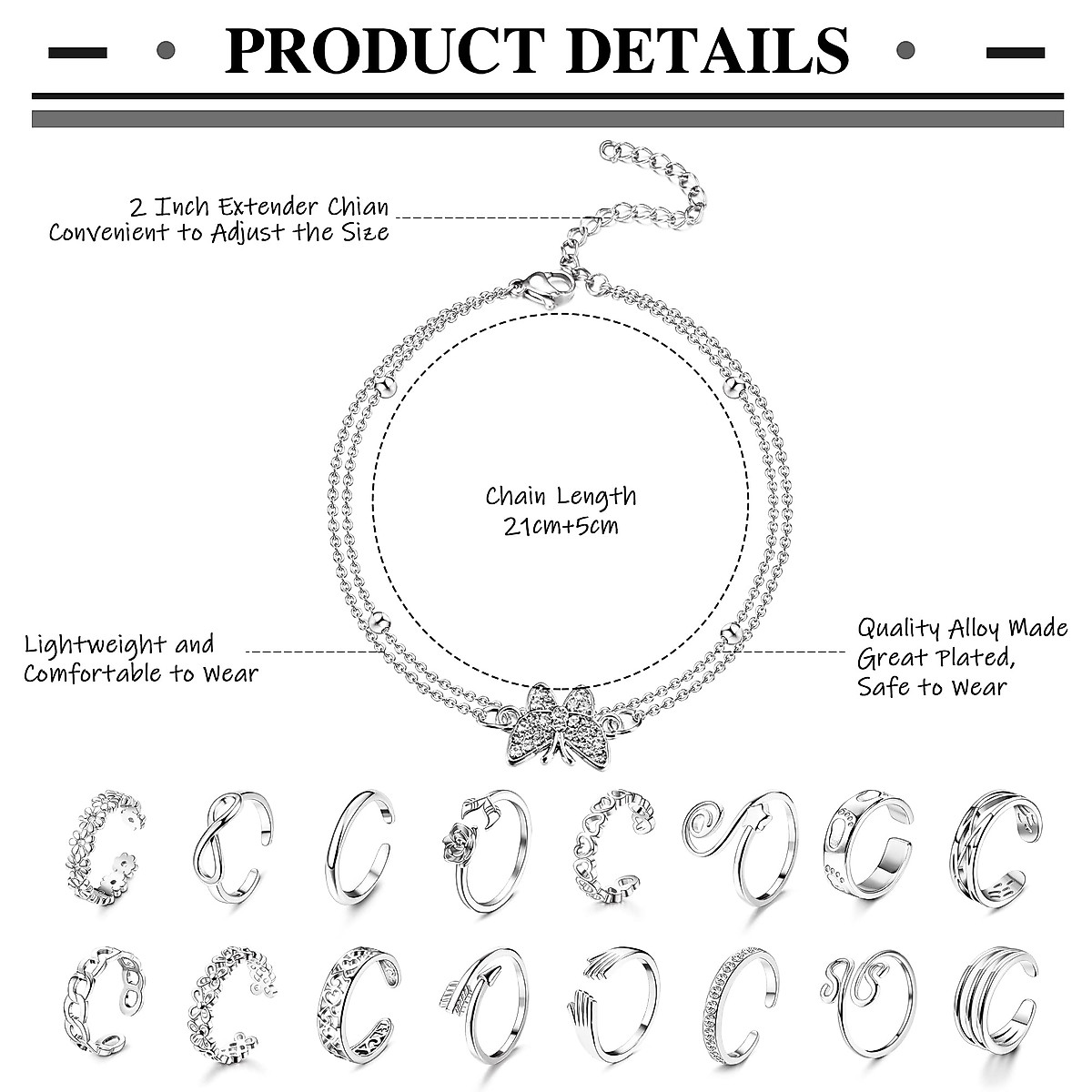 Sanfenly Anklets and Toe Ring Set for Women Silver Anklet Bracelets Open Adjustable Toe Ring Flower Wave Heart Tail Pinky Band Rings Summer Beach Foot Jewelry