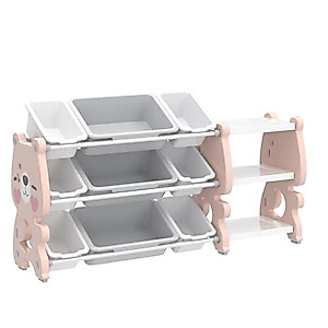 JOYLDIAS Kids' Toy Storage Organizer, 3-Tier Toys Shelves Kids Storage Organizer for Toys with Removable Bins, DIY Stickers, Cartoon Bear Style 47.2''x13''x25.4'', Sakura Pink