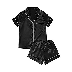 SweatyRocks Women's Short Sleeve Sleepwear Button Down Satin 2 Piece Pajama Set Black Large