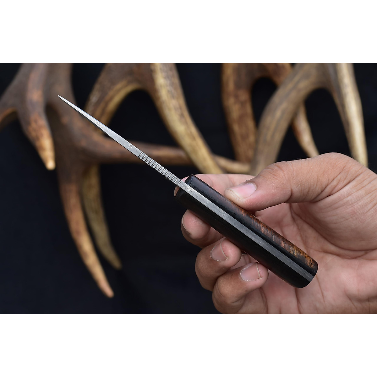 Knives Ranch Fixed Blade EDC Knife with Horizontal Carry Sheath – Small Hunting Knife – Damascus Skinning Knife – Cowboy Knife with Leather Sheath Stabilized Rosewood Handle (4402-IRW)